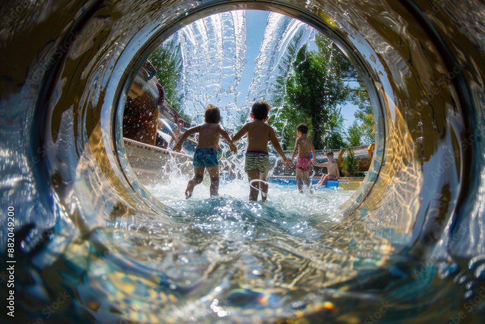 Three children are seen from inside a water slide tunnel, holding hands ...
