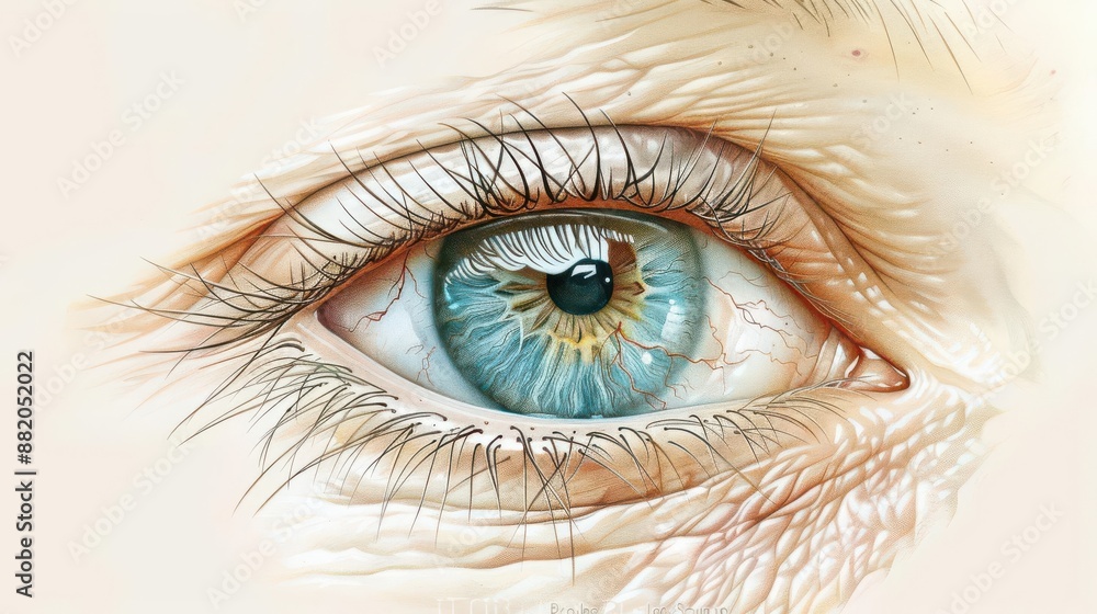 Artistic rendering of human eye anatomy, labeled eye components ...