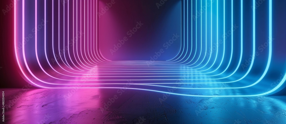 Dark room with pink and blue led lights on the floor and walls ...