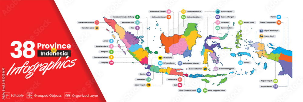Map of Indonesia with details of 38 provinces. Displayed in different ...
