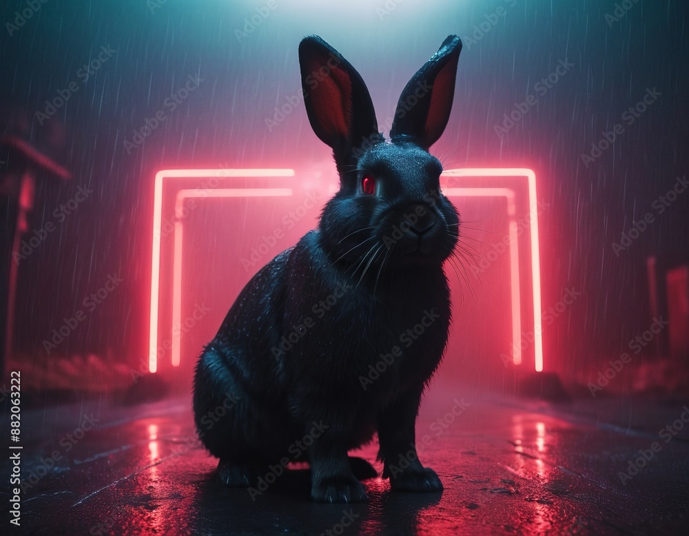 Mystical black rabbit with red eyes in futuristic neon lighting on a ...