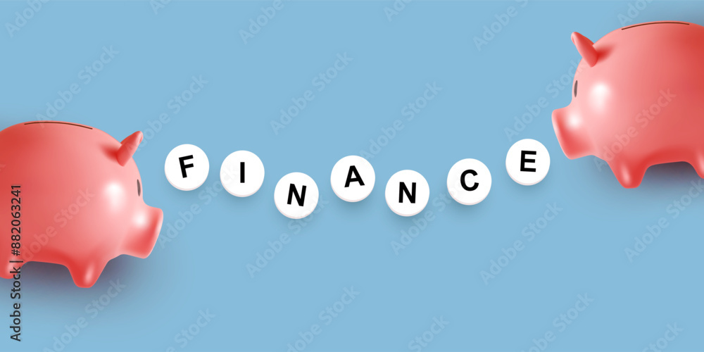 Finance word with pink piggy banks. Symbol of profit and growth ...