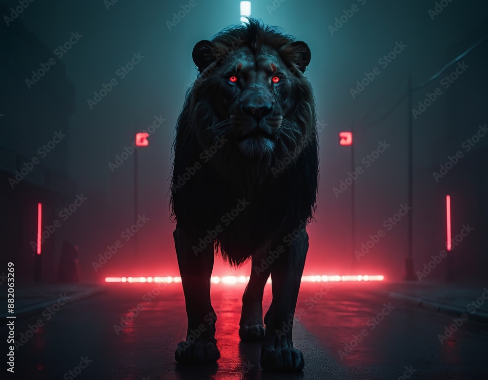 Futuristic lion with red eyes in a neon world, power and mystery in the ...