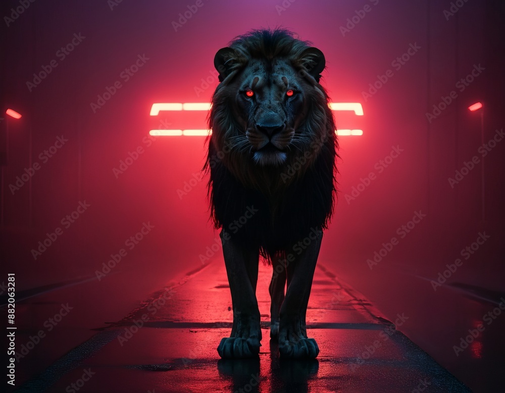 Futuristic lion with red eyes in a neon world, power and mystery in the ...