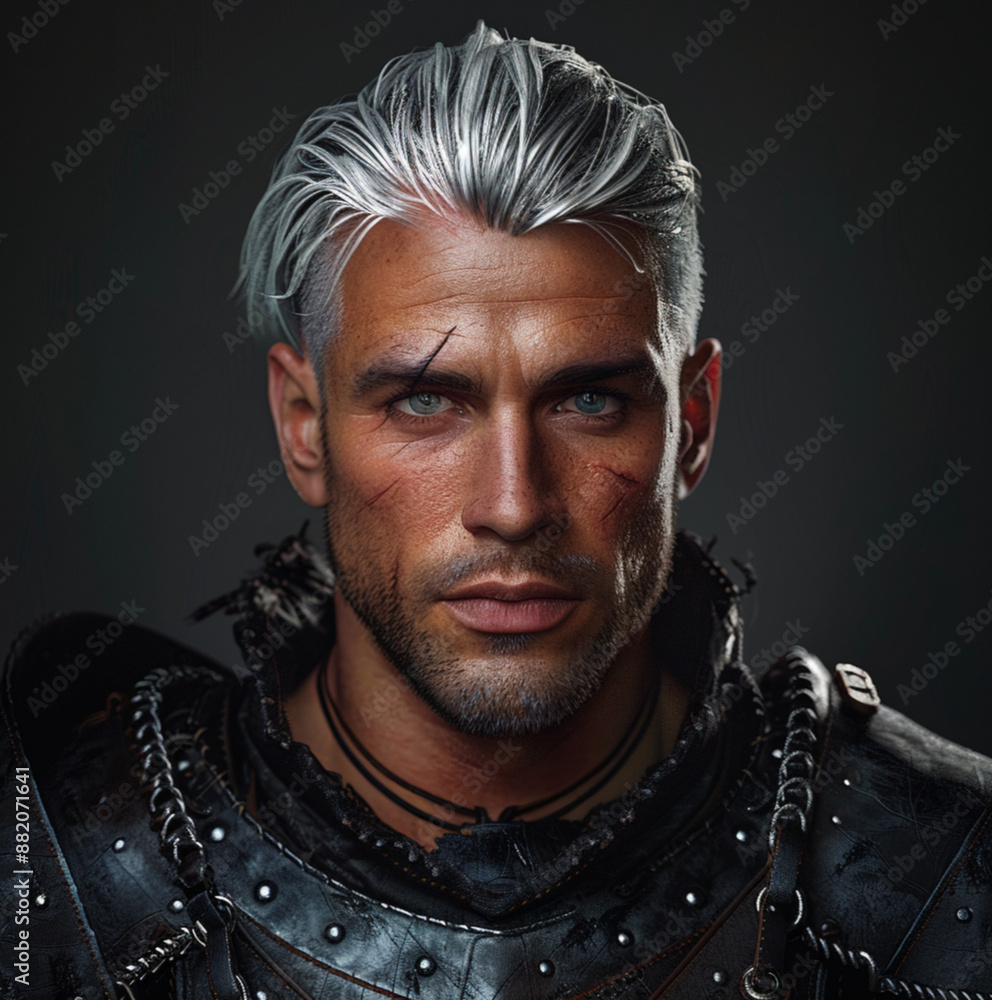 handsome warrior in full grey fighting gear. Dark hair dark eyes ...