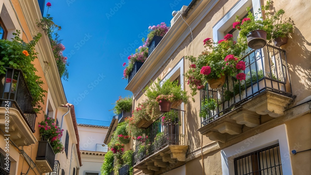 Imagen contrapicada detalles de flores, plantas, ventanas y balcón ...