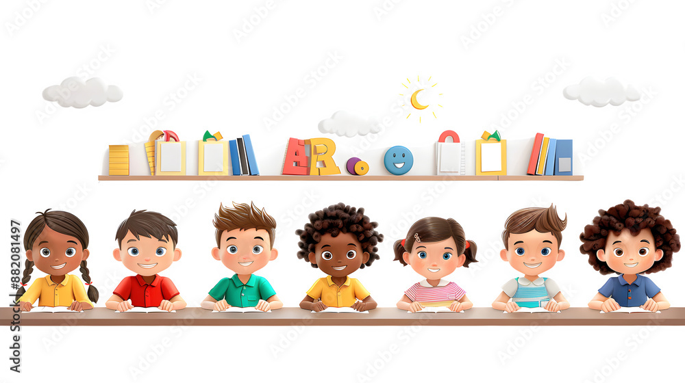 Kids in classroom, back to school scene, students learning and studying ...