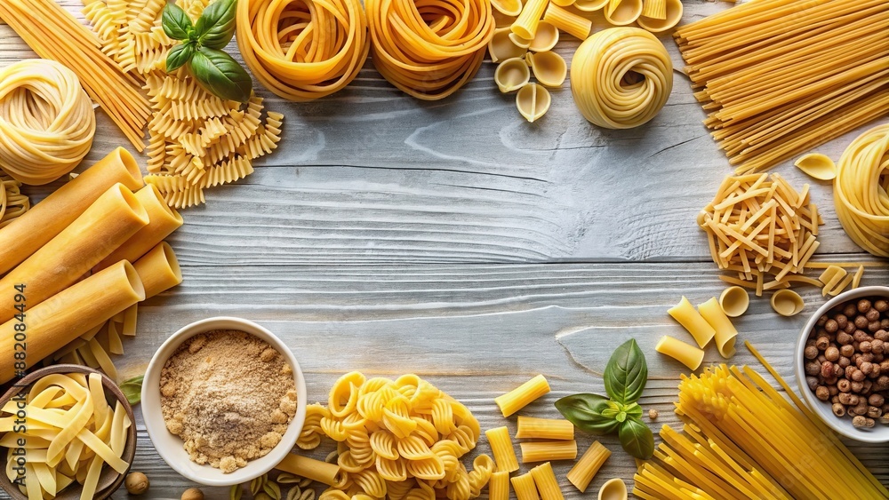 Flat art featuring various types of pasta and spaghetti The scene is ...