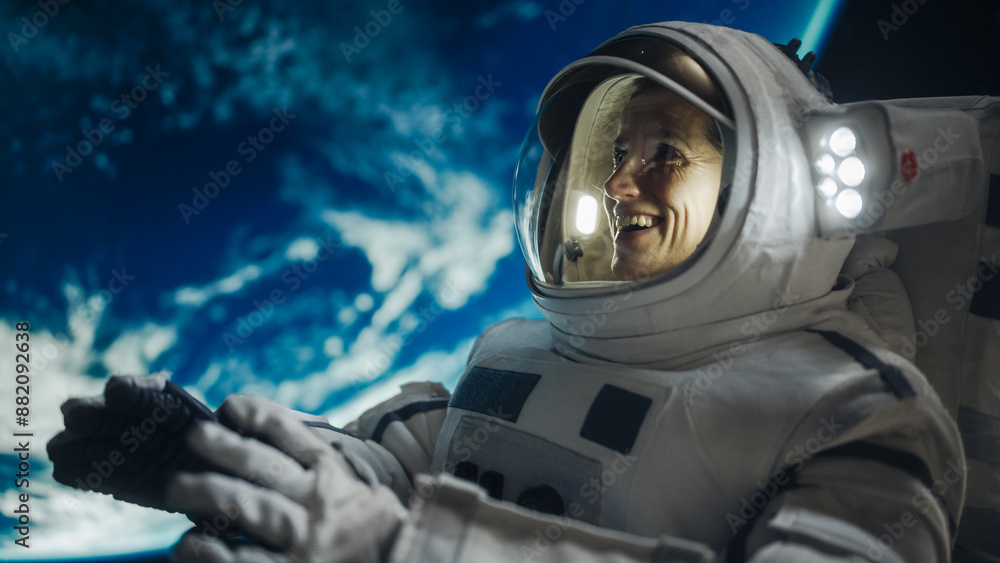 Portrait of a Brave Caucasian Woman on Her First Spacewalk at an ...