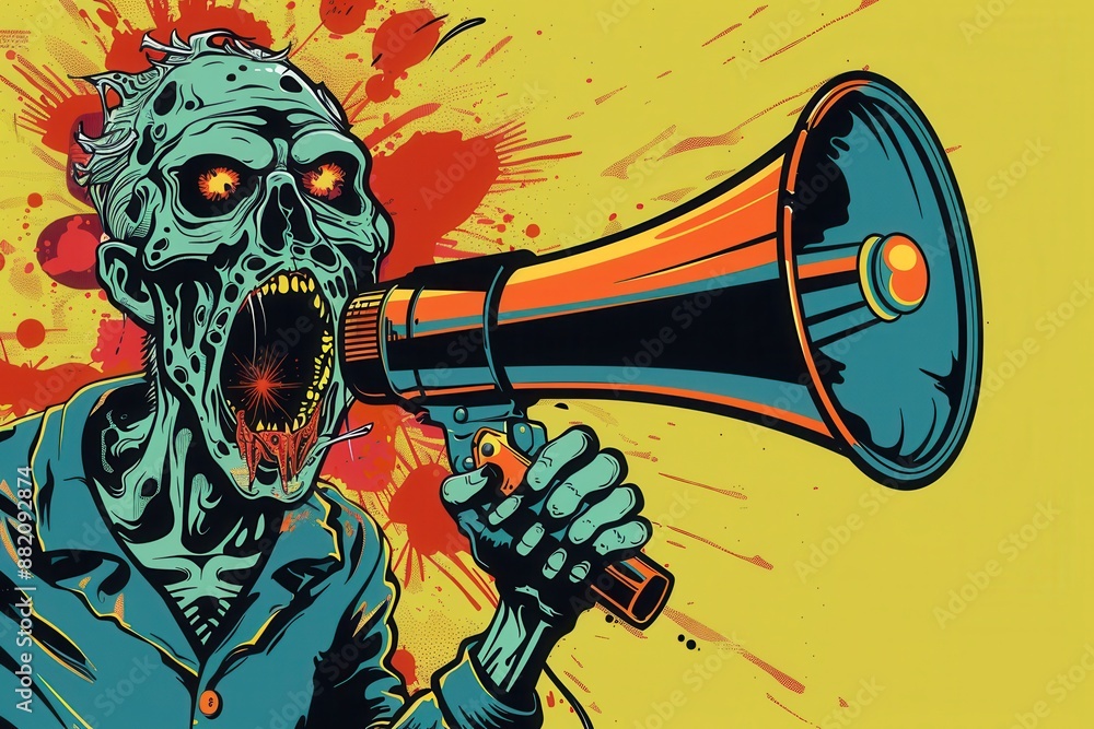 Colorful comic illustration of a zombie shouting through a megaphone ...