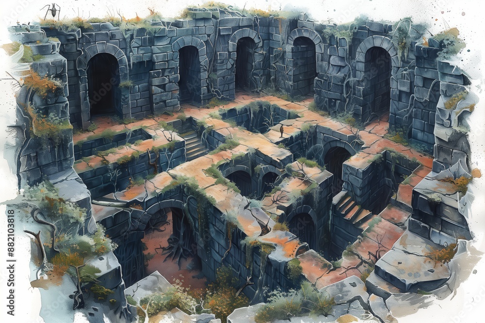 Labyrinth inside dark stone dungeon of castle with bats, spiders and ...