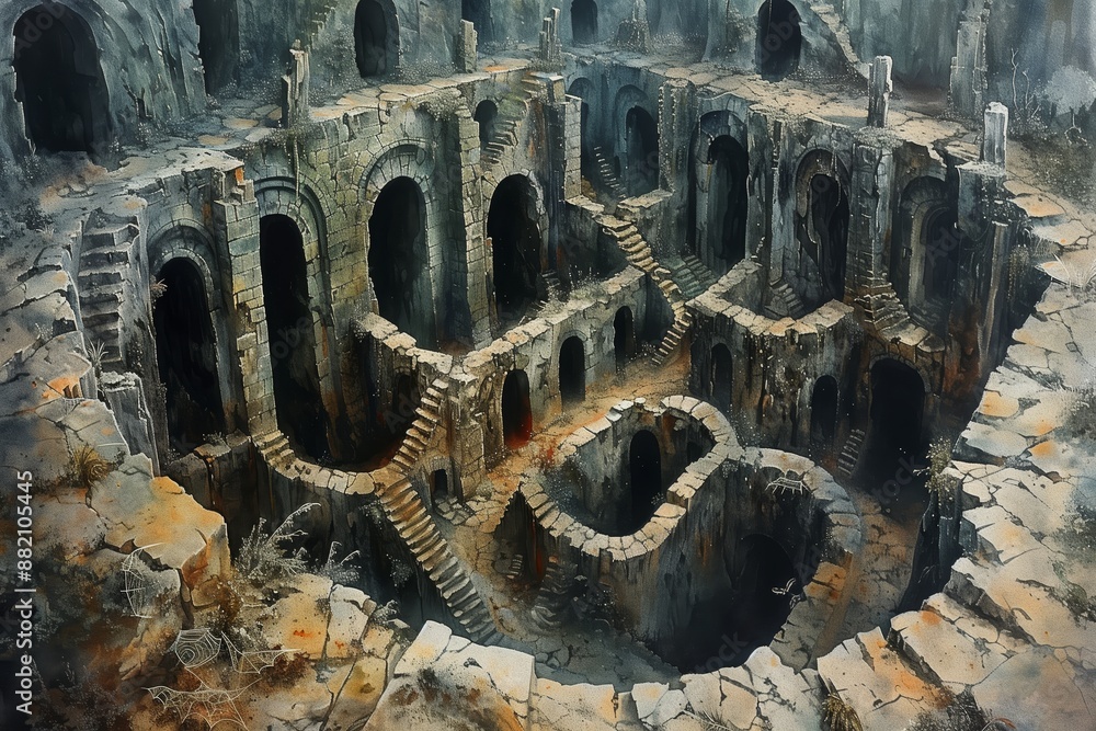 Labyrinth inside dark stone dungeon of castle with bats, spiders and ...