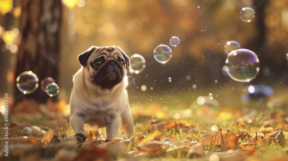 A pug chasing bubbles blown by its owner, with eyes fixed on the ...