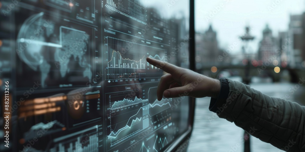 Business hands, financial chart, and overlay for holographic ...