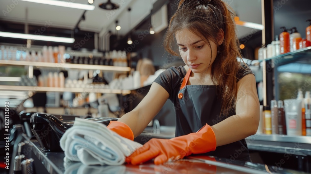 An Australian hair salon, cleaner, and woman wearing headphones clean a ...