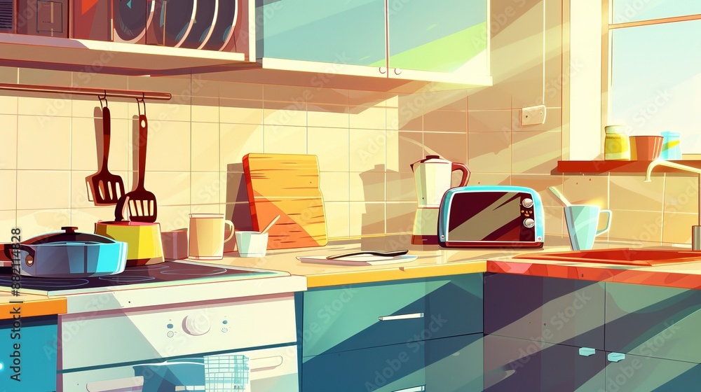 A plate and crumb on the dining table in the kitchen interior ...