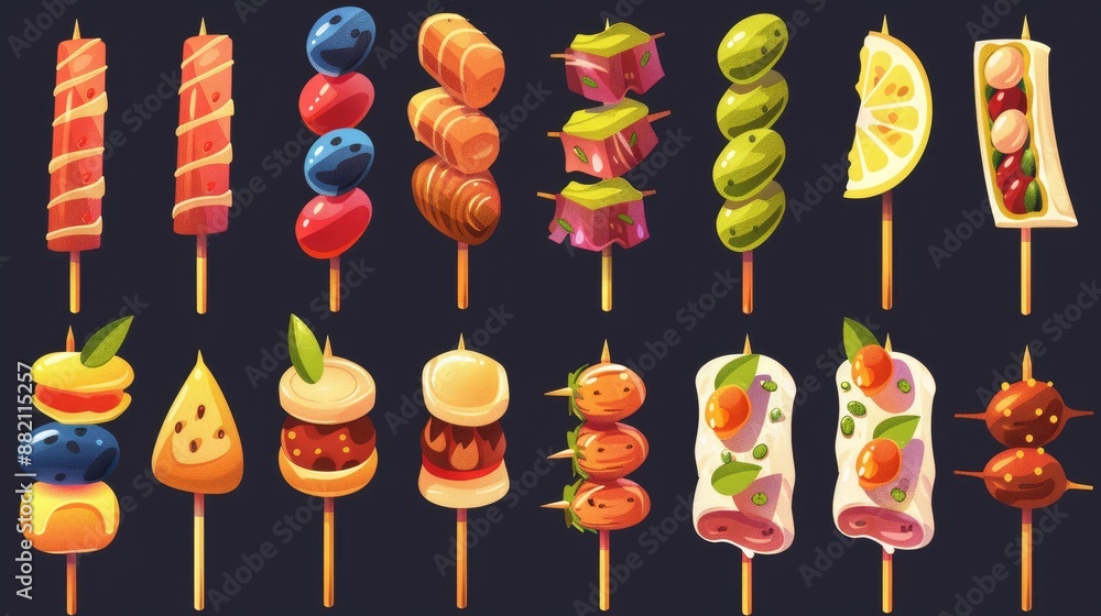 Floating finger food on toothpick skewers. Cartoon modern canape ...