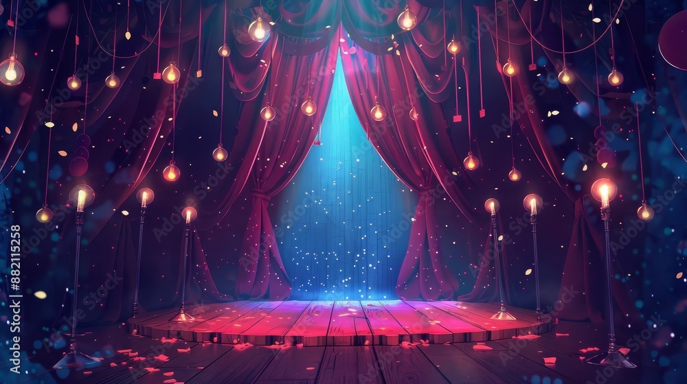 Cartoon illustration of fantasy stage with mysterious space teleport ...