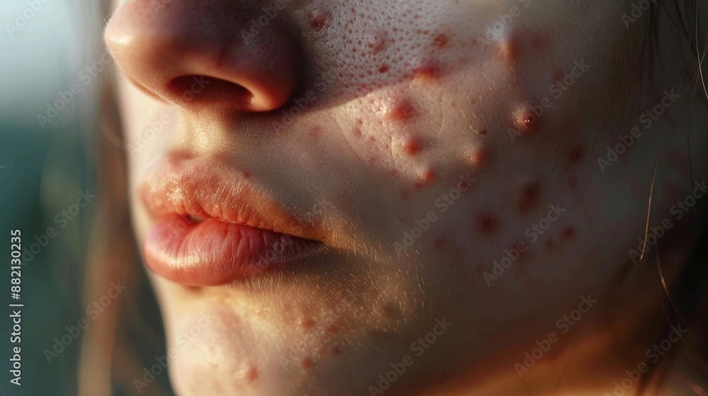 acne on woman face with rash skin, scar, and red skin syndrome allergic ...