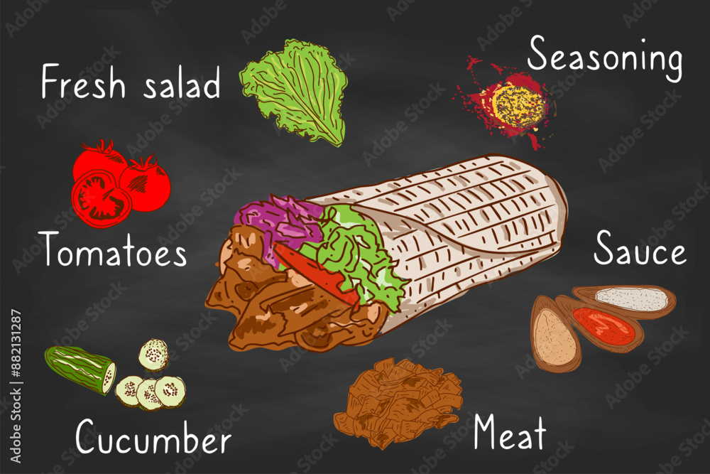 Doner kebab Hand drawn vector illustration. Making doner kebab and ...