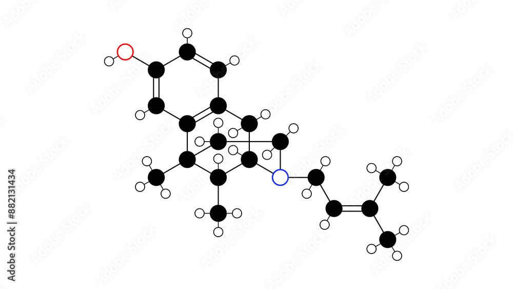 pentazocine molecule, structural chemical formula, ball-and-stick model ...