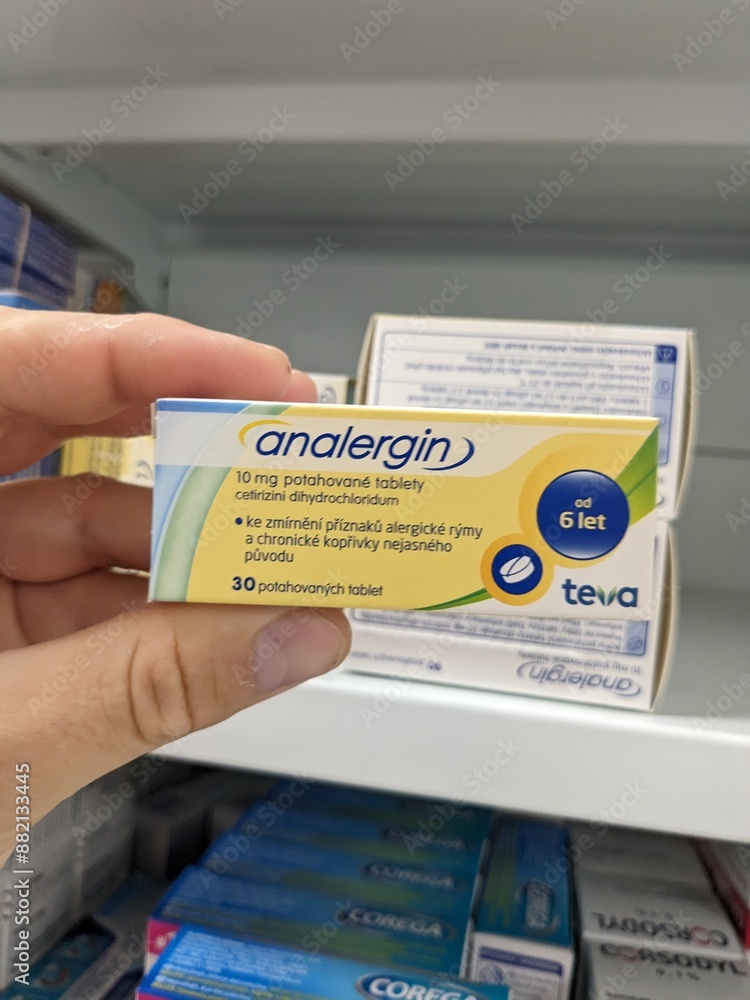 Prague, Czech Republic - July 10 2024: ANALERGIN box of medication with ...