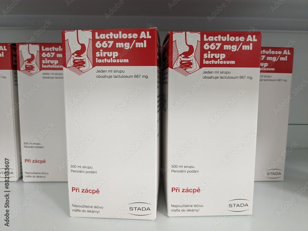 Prague, Czech Republic - July 10 2024: LACTULOSE AL box of medication ...