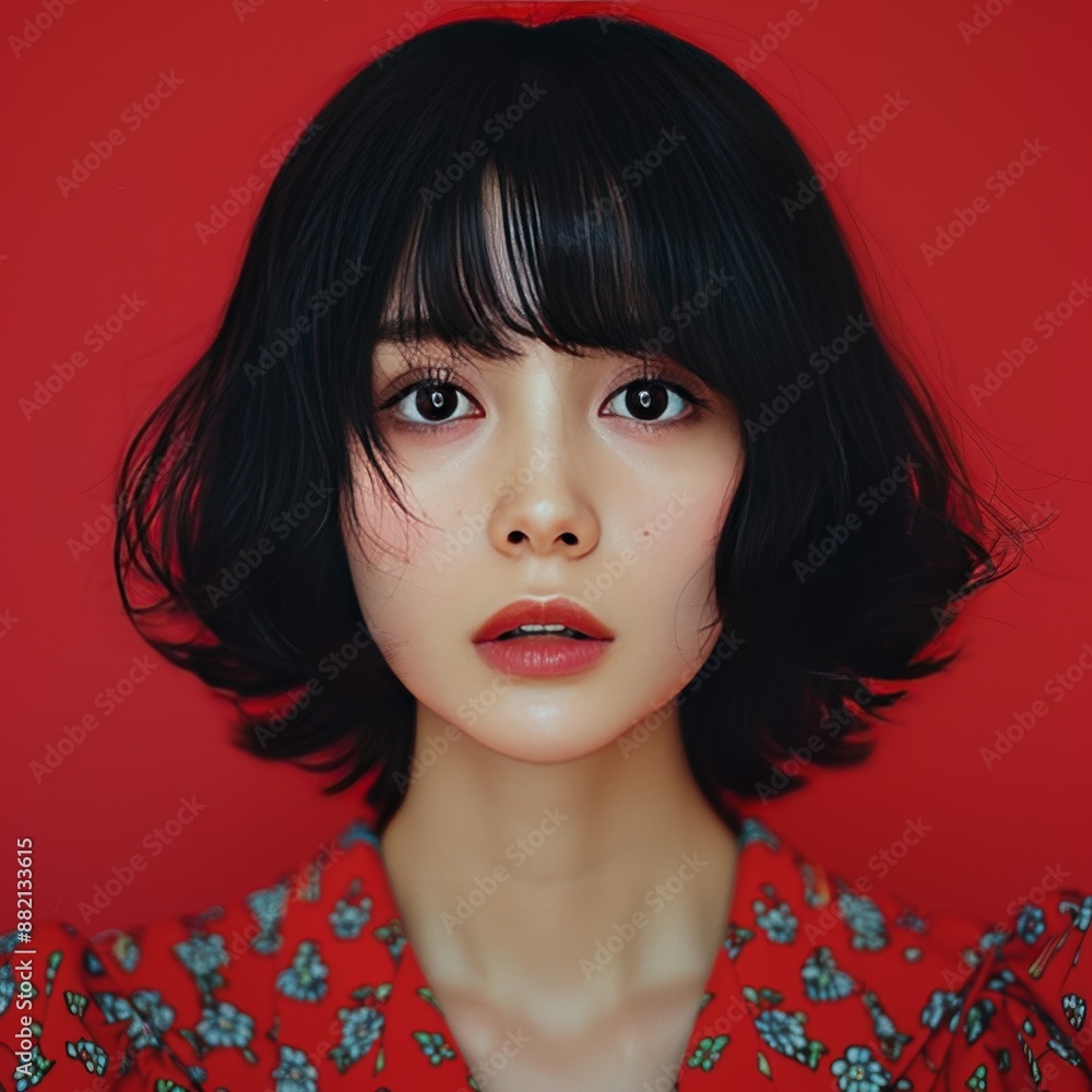 Japanese female singer from the 80s, 17 years old, voluminous bob hair ...