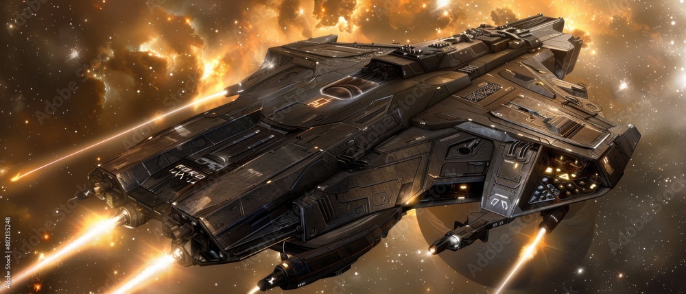 Epic spaceship flying through space with glowing lights and futuristic ...