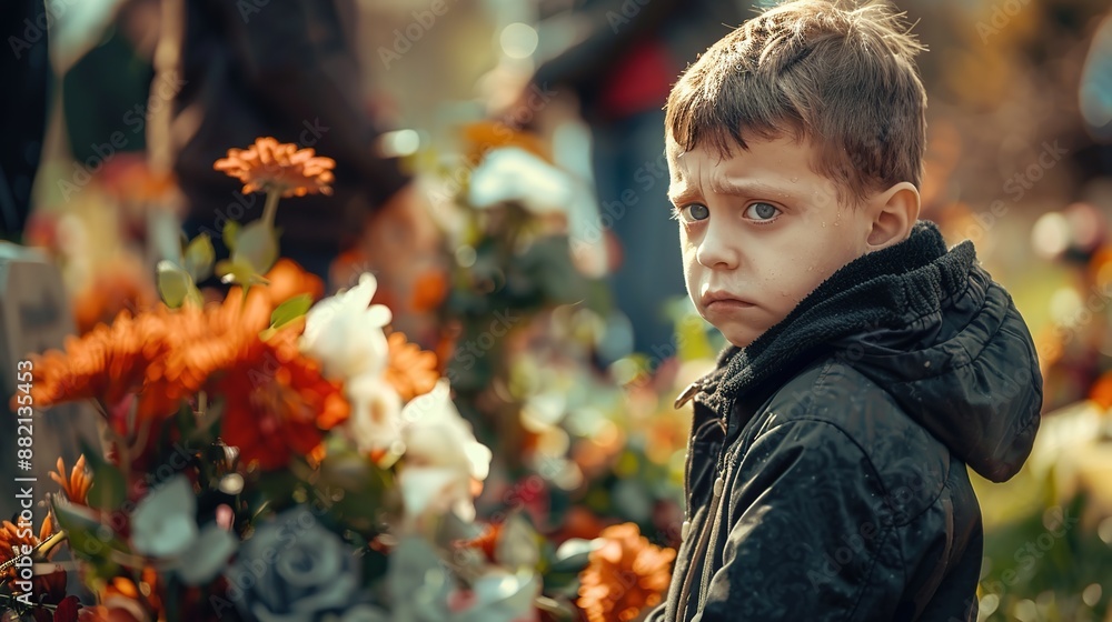 Crying Child, sad and family at funeral at graveyard ceremony outdoor ...