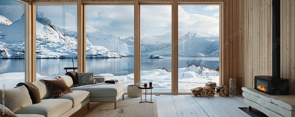 Scandinavian cabin with a sauna and snow-capped mountain views. Stock ...