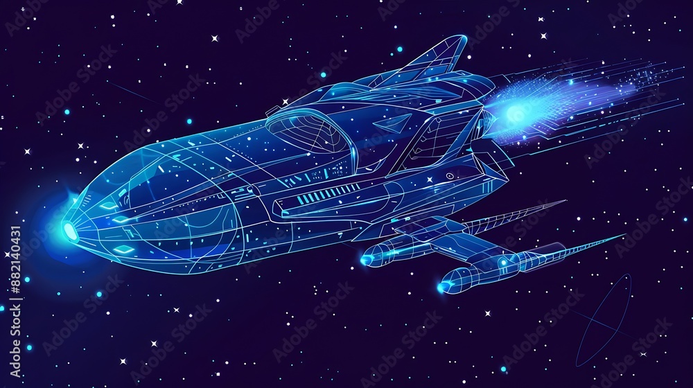 The spaceship is a sleek and futuristic design, with a blue and black ...