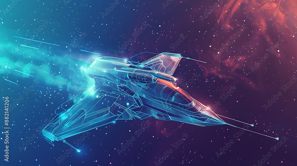 This is an illustration of a spaceship. It has a sleek design and is ...