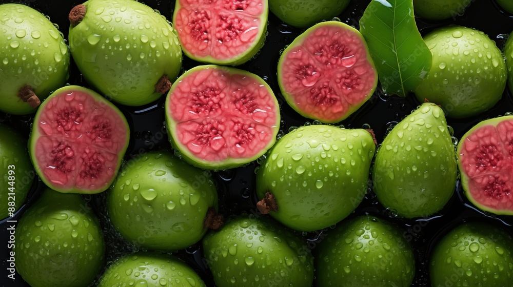 Guavas, some of which are cut open to reveal their pink flesh. The ...
