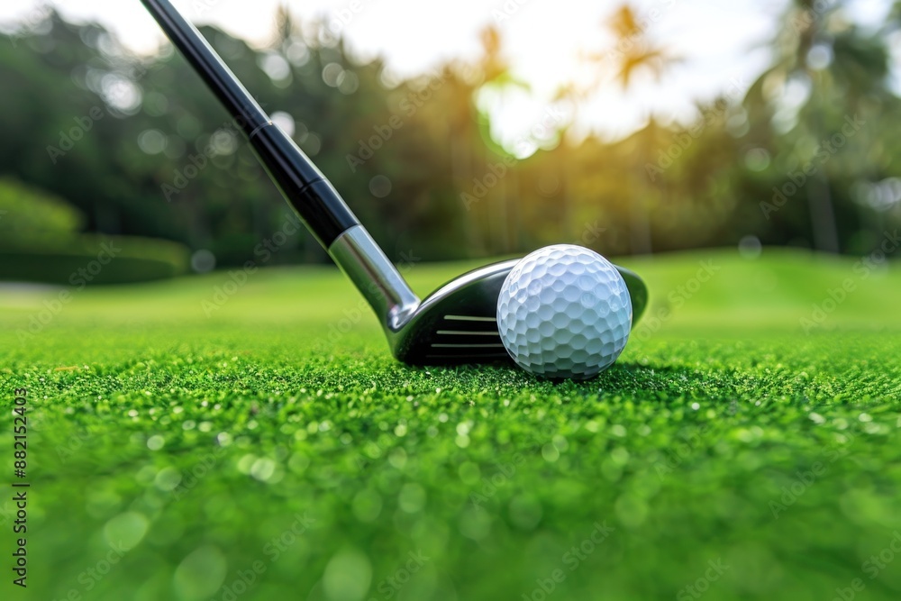 scene on a golf course featuring a golf ball on a tee, positioned ...