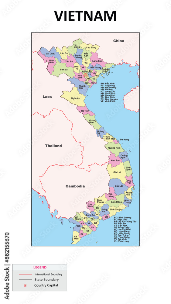Vietnam Map. State and union territories of Vietnam with neighbouring ...