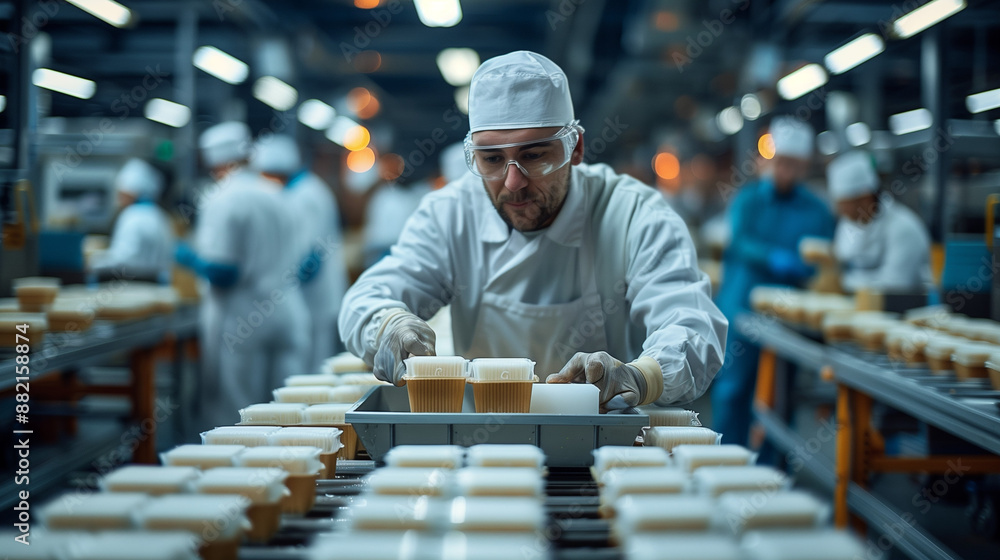 food processing factory. Show workers handling food products, assembly ...