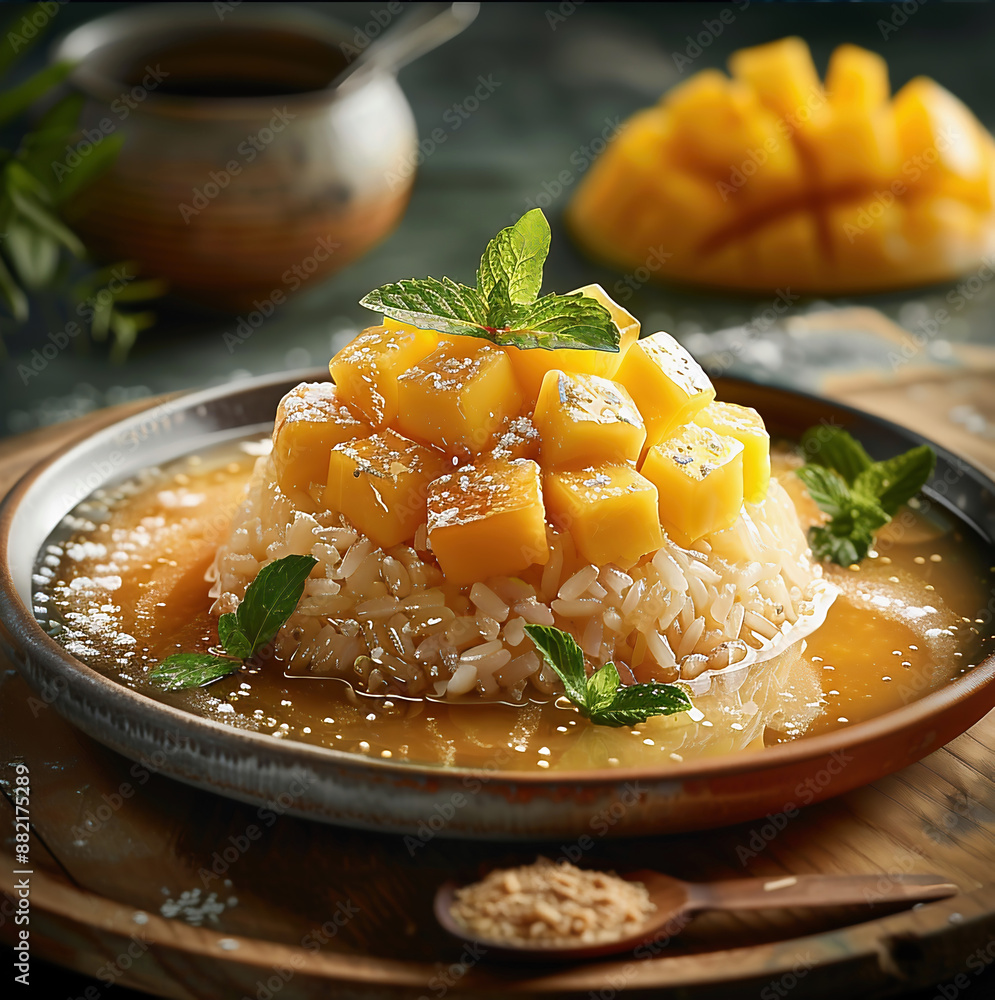 Delicious Thai mango sticky rice, sweet aroma of ripe mangoes and ...