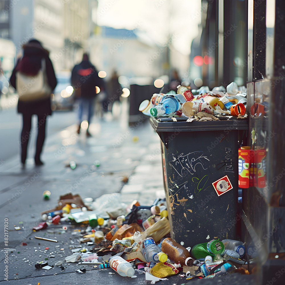 Overflowing Urban Garbage Bin Emphasizing Waste Management Crisis and ...