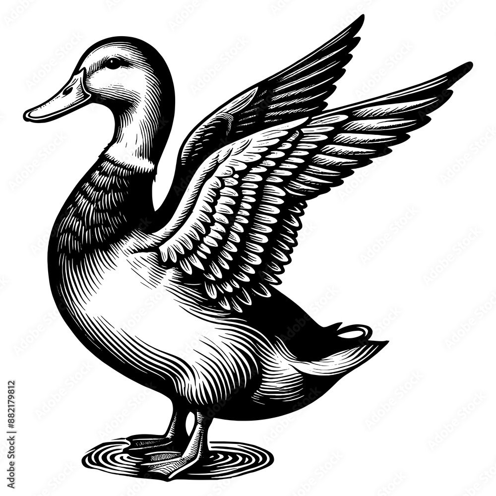 duck standing in water with wings spread, capturing natural beauty and ...