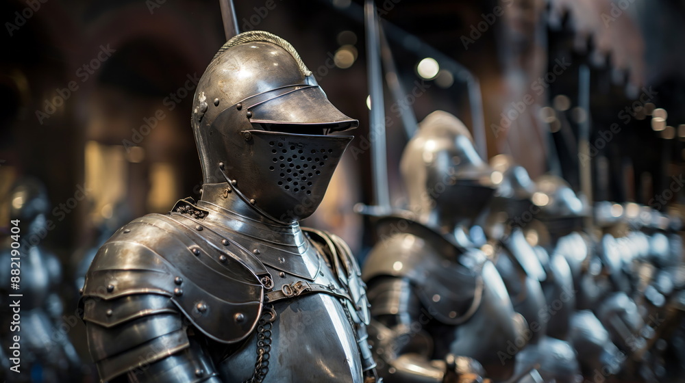 medieval knight's armor and weaponry displayed in a museum exhibit ...