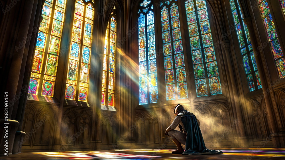 medieval knight kneeling in prayer inside a Gothic cathedral ...