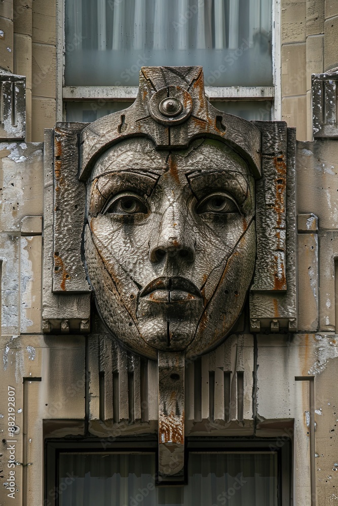 AI-generated illustration of an old stone face sculpture on a building ...