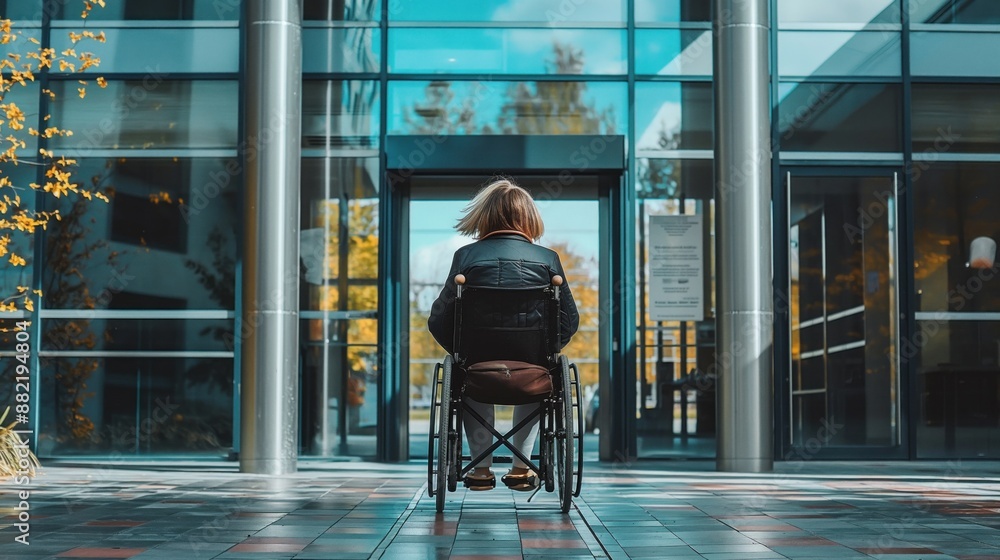 Wheelchair user facing an inaccessible building entrance, highlighting ...
