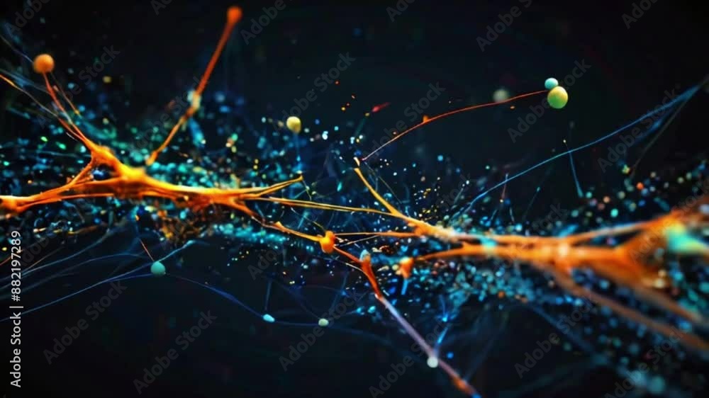 A neural network with interconnected nodes and synapses, data flows as ...