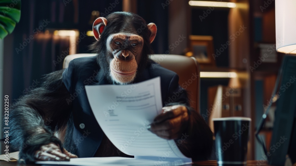 The monkey works in the office. An animal in a corporate business ...