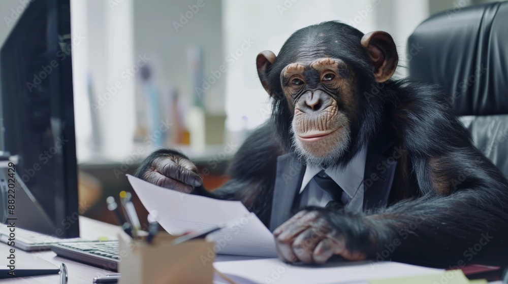 The monkey works in the office. An animal in a corporate business ...