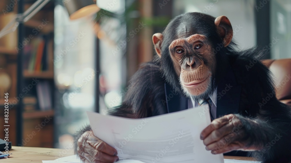The monkey works in the office. An animal in a corporate business ...