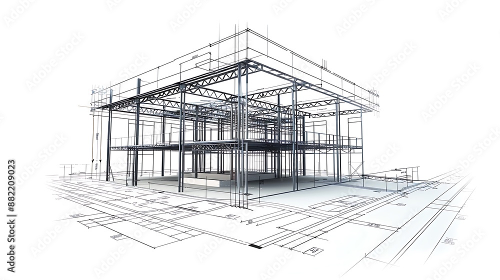 Draft a blueprint for a steel-framed building, emphasizing load-bearing ...