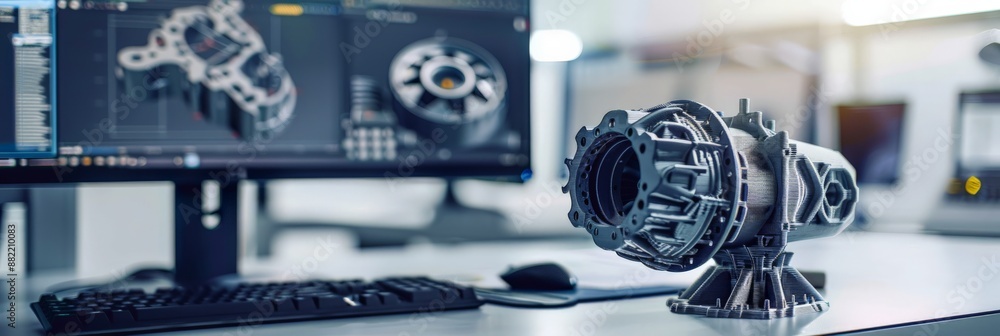 3D printed mechanical part displayed on a desk with CAD software in ...
